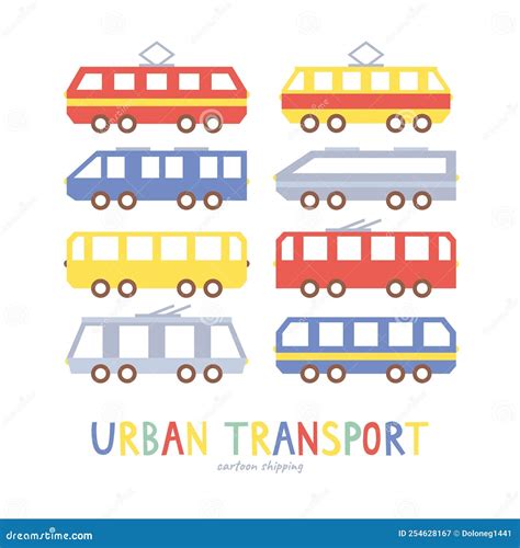 Cartoon City Transport Set Cute Trams Trains And Subways Are Isolated