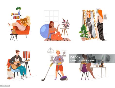 일상 생활 루틴 장면을 설정합니다 책을 읽고 요가를 하고 기타를 치고 바닥을 진공 청소기로 청소하고 온라인 벡터 일러스트레이션을 전달하는 사람들 귀여운에 대한 스톡 벡터