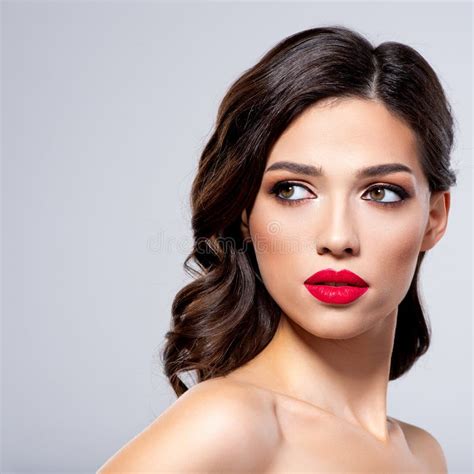 Beautiful Young Fashion Woman With Red Lipstick Brunette Woman With A