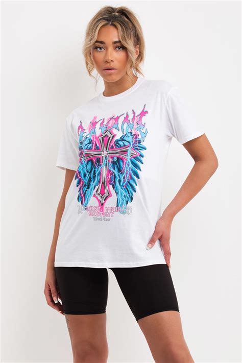 Womens Oversized T Shirt With Cross Graphic Print White Uk