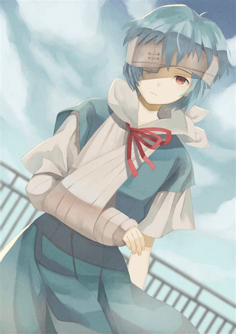 Safebooru 1girl Ayanami Rei Bandages Blue Hair Closed Mouth Clouds