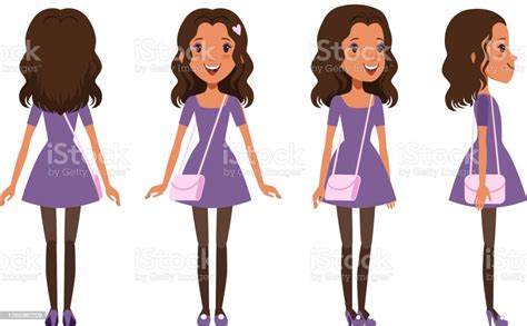 다른 측면 전면 후면 및 측면보기 만화 스타일 벡터 일러스트에서 유행 옷에 귀여운 갈색 머리 소녀 캐릭터의 전체 길이 초상화
