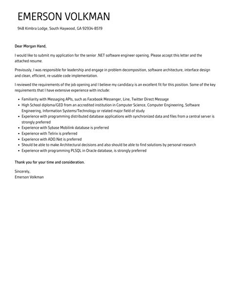 Senior Net Software Engineer Cover Letter Velvet Jobs