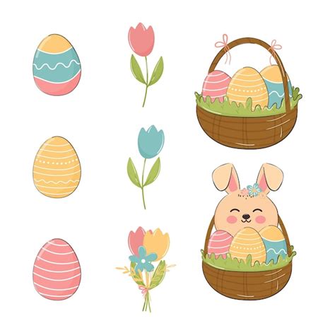Premium Vector Set Of Vector Easter Elements Eggs Flowers And Easter Baskets