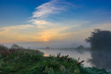 Sunrise On The River In Early Morning On A Blue Sky Background River