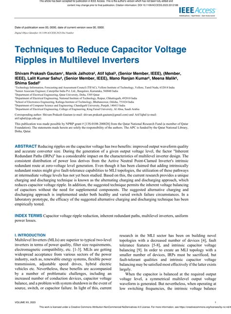 Pdf Techniques To Reduce Capacitor Voltage Ripples In Multilevel