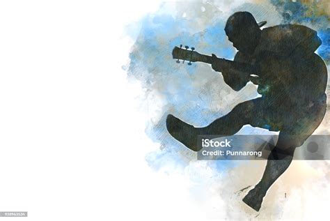 예술 수채화 그림 배경 및 디지털 일러스트 브러쉬에 전경에서 기타를 연주 하는 아름 다운 남자를 추상화 합니다 Fashion