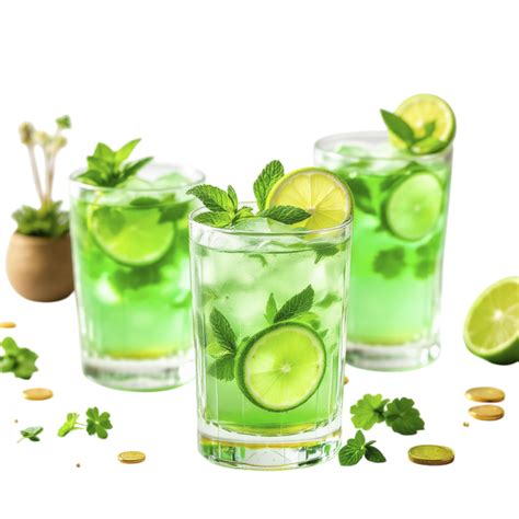 Three Glasses Of Green Drink With Lime And Mint 57228575 Png