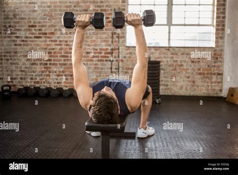 Man Lifting Dumbbells While Lying On Exercise Bench Stock Photo Alamy