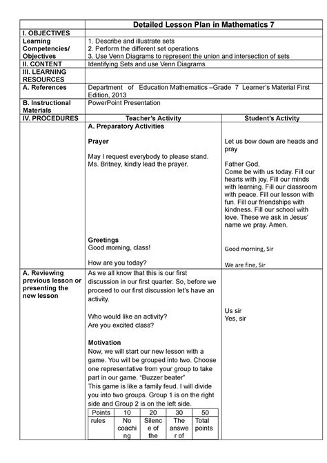 Detailed Lesson Plan In Mathematics 7 OBJECTIVES Learning