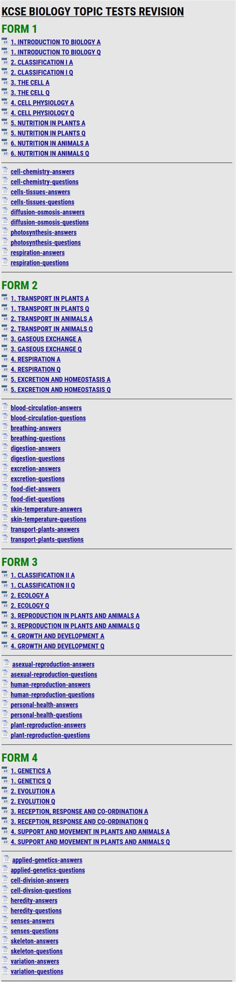 KCSE BIOLOGY TOPIC TESTS REVISION KCSE ONLINE
