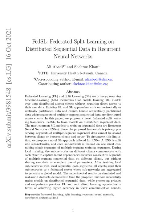 Pdf Fedsl Federated Split Learning On Distributed Sequential Data In