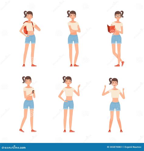 Emotional Young Woman In Different Poses Set Girl Showing Different