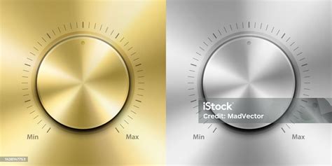 벡터 현실적인 노란색 황금색과 회색 실버 스틸 크롬 금속 손잡이 원 버튼 근접 촬영 금속의 디자인 템플릿입니다 파워 볼륨 재생 제어 3차원 형태에 대한 스톡 벡터 아트 및