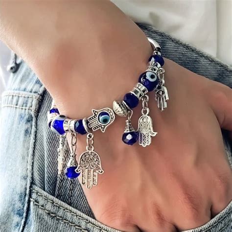 Nwt Evil Eye And Hamsa Decor Bracelet With Crystal Beads In Silver