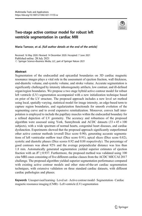 Pdf Two Stage Active Contour Model For Robust Left Ventricle Segmentation In Cardiac Mri