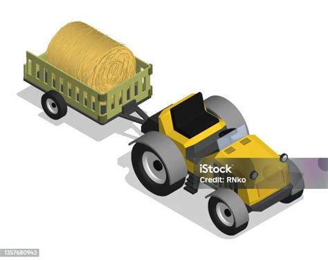 수레와 건초 롤이있는 등도 측정 농업 트랙터 현장에서 농산물을 운송하기 위한 운송 및 장비 흰색 배경에 격리된 사실적인 만화 3d 벡터 등측투영법에 대한 스톡 벡터 아트 및