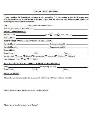 Free 33 Intake Questionnaire Samples In Pdf Ms Word