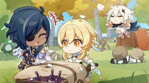 Genshin Update On Twitter Lumine Aether And Paimon Celebrating Kaeyas Birthday From Web
