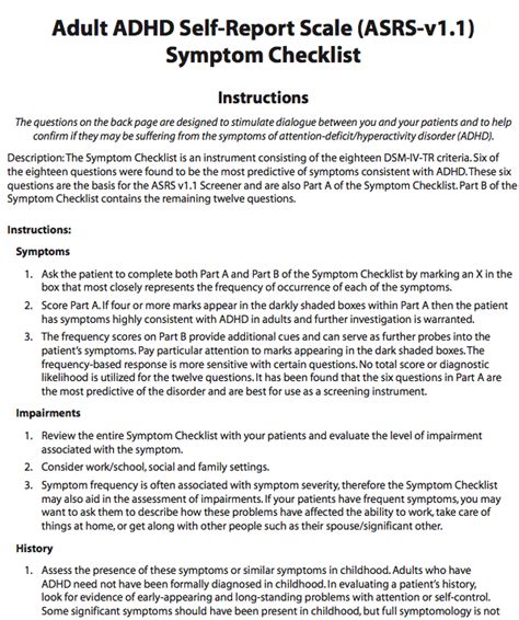 Adult Adhd Self Report Scale Asrs V1 1 Symptom Checklist Medworks Media