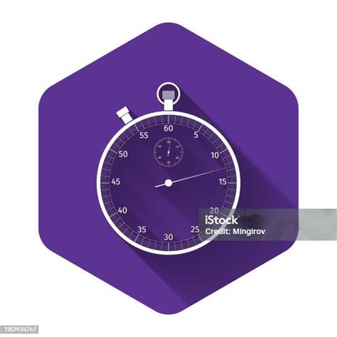 긴 그림자로 분리 된 화이트 클래식 스톱워치 아이콘 타이머 아이콘입니다 크로노미터 기호 보라색 육각 버튼 벡터 일러스트레이션 벽 시계에 대한 스톡 벡터 아트 및 기타 이미지