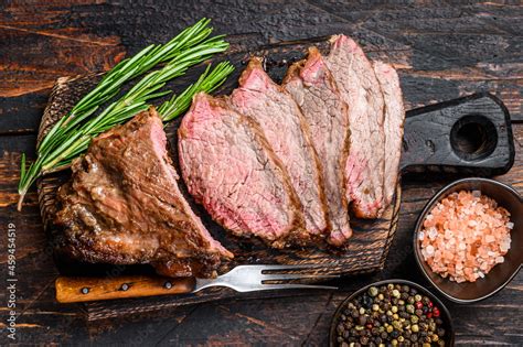 Sliced Roast Beef Sirloin Tri Tip Steak Bbq Dark Wooden Background