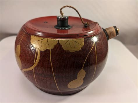 Antique Japanese Lacquer Wood And Silver Choshi Sake Flask Hyotan Gourds Japan