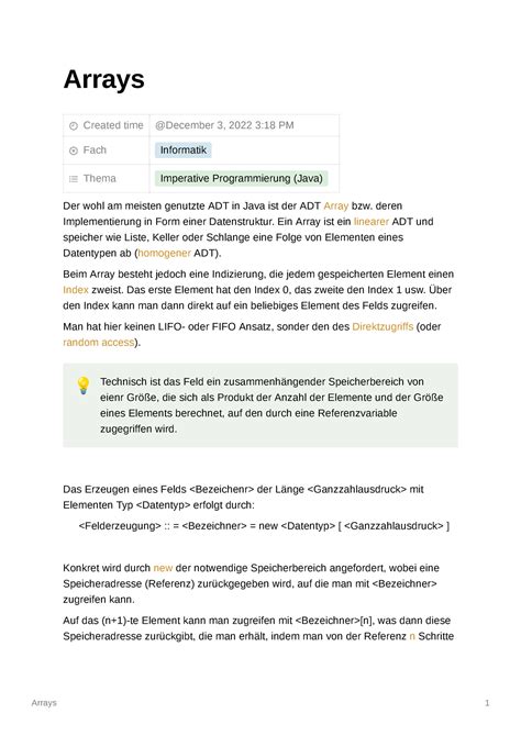 Arrays Deren Implementierung In Form Einer Datenstruktur Ein Array
