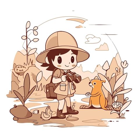 El lindo niño explorador con mochila y perro Vector Premium