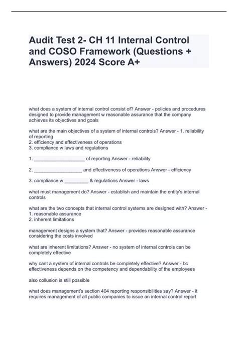 Audit Test 2 Ch 11 Internal Control And Coso Framework Questions Answers 2024 Score A