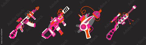 Collection Of Retro Space Game Weapons In The Acid Futuristic Cyberpunk