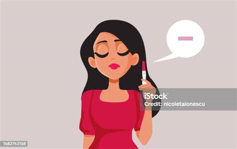 부정적인 임신 테스트를 들고 있는 불임 문제가 있는 슬픈 여자 걱정하는에 대한 스톡 벡터 아트 및 기타 이미지 걱정하는