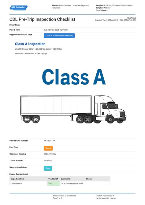 Cdl Pre Trip Inspection Checklist Template And Free Pdf