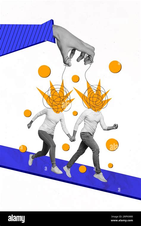 Photo Collage Artwork Picture Of Arm Manipulating Headless Running Couple Isolated White Color