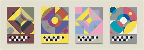 복고풍 멀티 컬러 바우하우스 모자이크의 기본 기하학적 요소 둥근 직사각형 및 삼각형 모양의 추상 적 패턴 배경입니다 바우하우스 또는 스위스 패턴으로 설정된 벡터 포스터 0