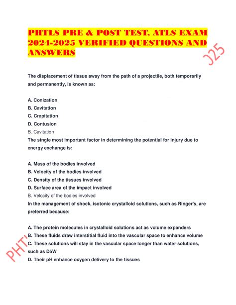 Phtls Pre And Post Test Atls Exam 2024 2025 Verified Questions And