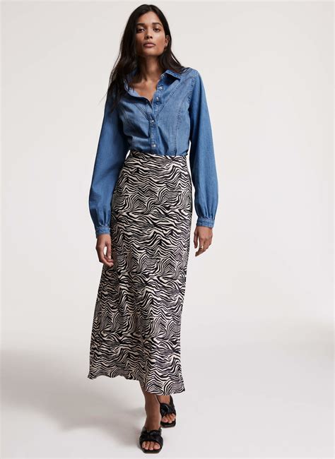 Zebra Print Satin Slip Midi Skirt Mint Velvet