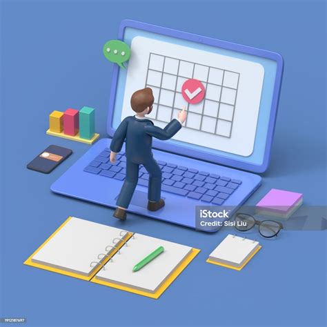 턱수염을 기른 미국 사업가 밥 플래닝과 노트북 화면에 체크 표시를 하는 3d 그림 플래너 오거나이저 노트북이 있는 사무실 책상
