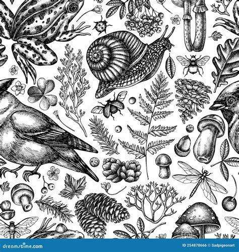 Mysterious Forest Seamless Pattern Background Design Engraved Style