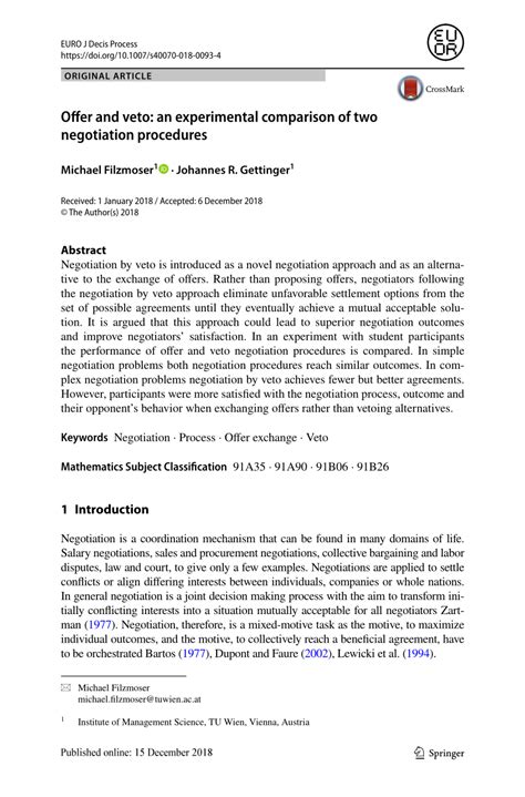 Pdf Offer And Veto An Experimental Comparison Of Two Negotiation