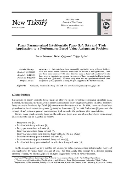 Pdf Fuzzy Parameterized Intuitionistic Fuzzy Soft Sets And Their
