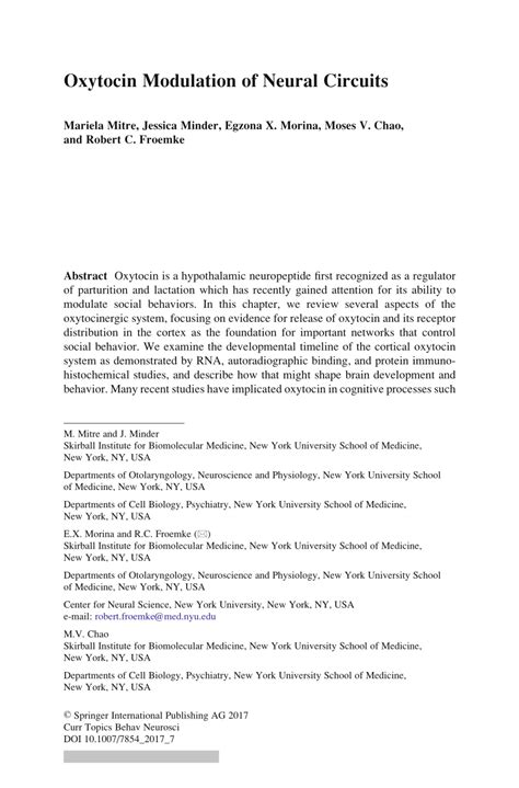 Pdf Oxytocin Modulation Of Neural Circuits