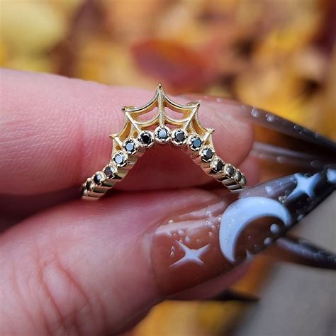 Cob Web Wedding Band With Black Or White Diamonds Spider Web Stackin