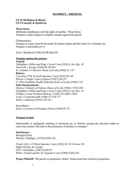 Handout Trespass2 Summary Notes On The Torts Of Trespass Person