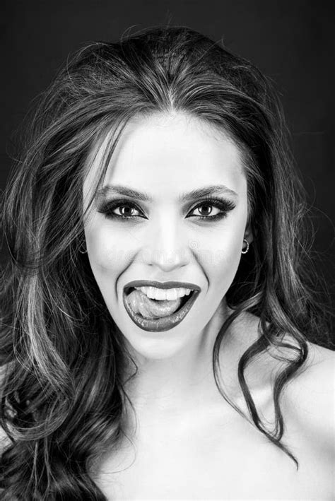 Sensual Woman Open Mouth Tongue Touches The Teeth Close Up Licking