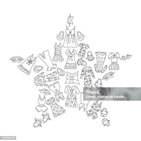 재미있는 잠옷과 잠옷 베개 및 화실 세트는 별 구성으로 배열되어 있습니다 선형 낙서 스타일로 손으로 그린 요소의 벡터 일러스트레이션이며 흰색으로 격리됩니다 색칠 공부 0명에