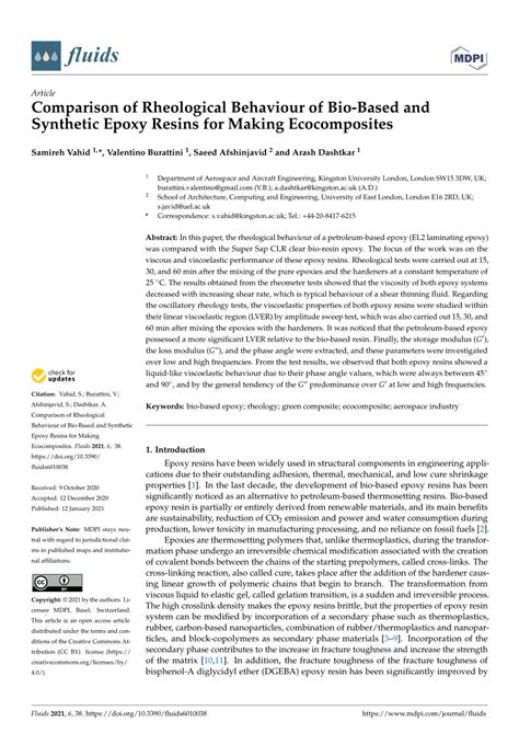 Pdf Comparison Of Rheological Behaviour Of Bio Based And Synthetic Epoxy Resins For Making