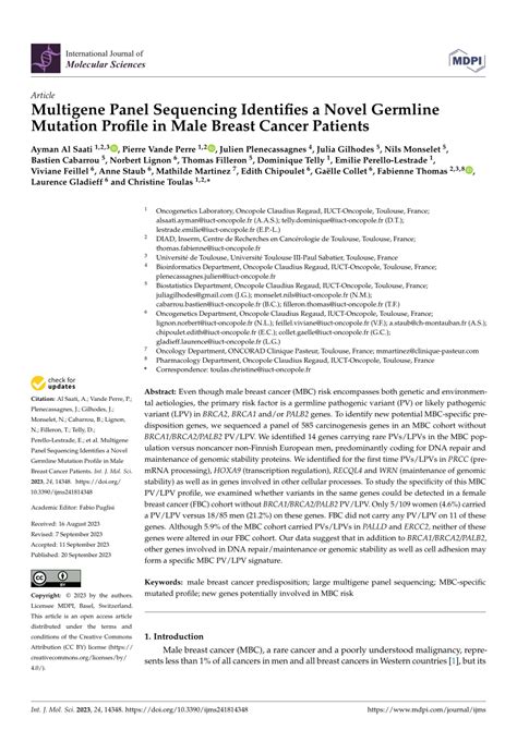 Pdf Multigene Panel Sequencing Identifies A Novel Germline Mutation Profile In Male Breast