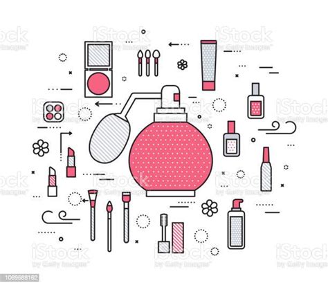 얇은 선 메이크업 도구 현대 그림 개념입니다 Infographic 아름다움을 위한 화장품 장비입니다 격리 된 흰 바탕에 아이콘입니다 웹 및 모바일 응용 프로그램에 대 한