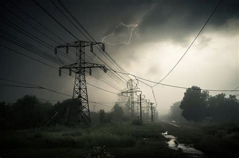 Power Line Broken In Storm With Lightning Striking Nearby Stock